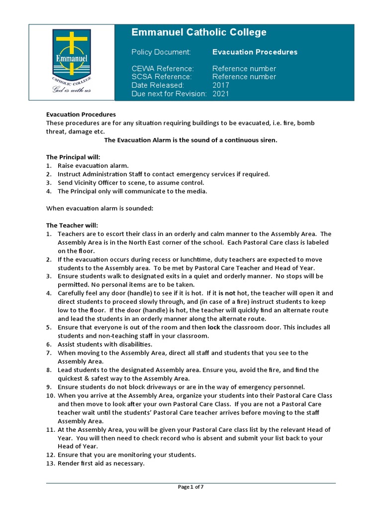 2020 Evacuation Procedures | PDF | Teachers | Emergency