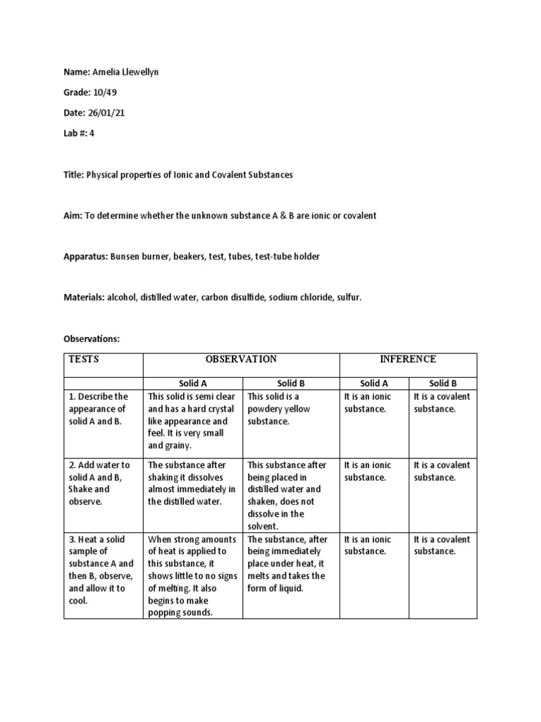 Ionic vs Covalent Properties Lab | PDF | Chemical Substances | Solid