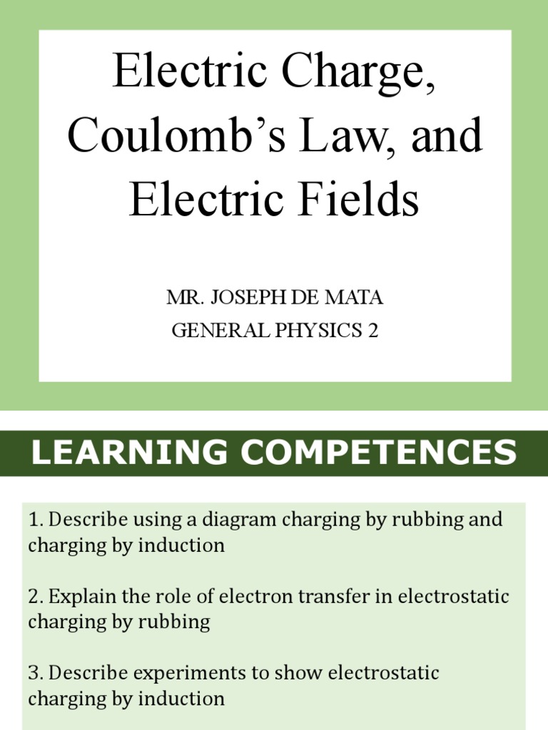Electric Charge, Coulomb's Law, and Electric Fields: Mr. Joseph de Mata ...