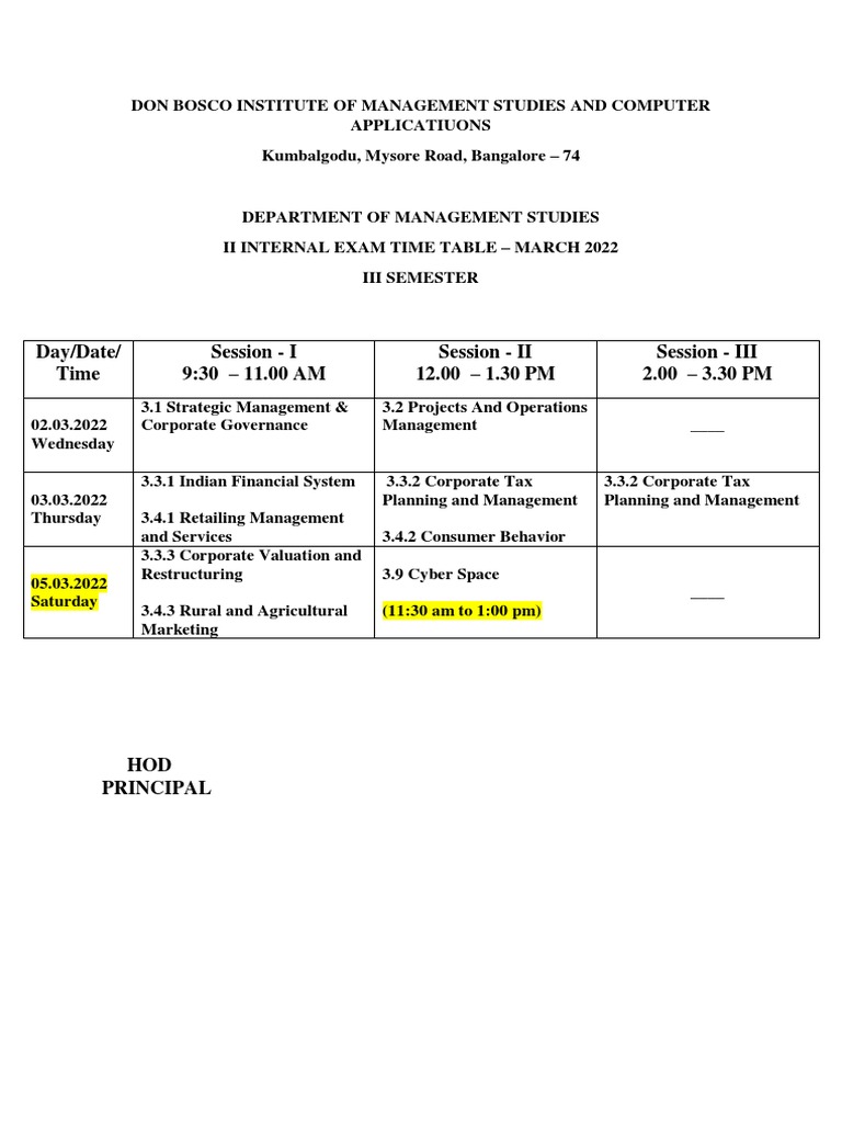III - Sem, MBA - II - Internals - Time Table | PDF | Computers