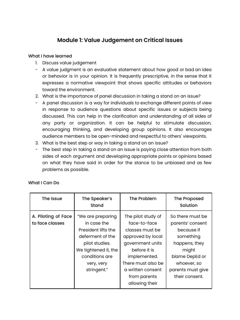 Value Judgments on Critical Issues | PDF | Thought | Cognitive Science