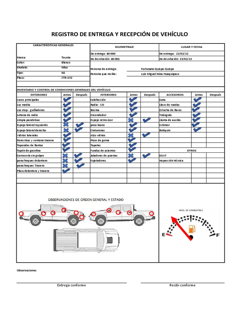 Copia de Check List de Recepción y Entrega | PDF | Vehículos de ruedas ...