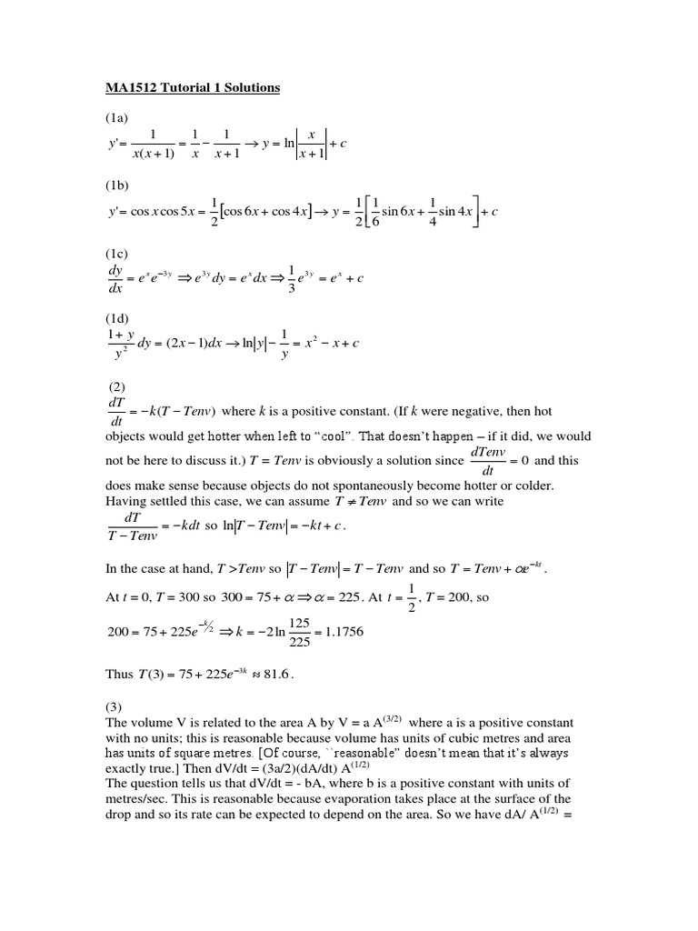 MA1512 Tutorial 1 Solutions | PDF | Volume | Mathematical Objects