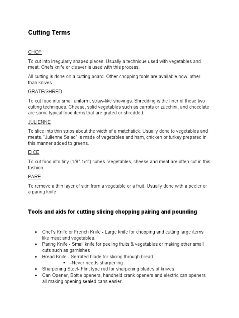 Cutting Terms: Tools and Aids For Cutting Slicing Chopping Pairing and ...