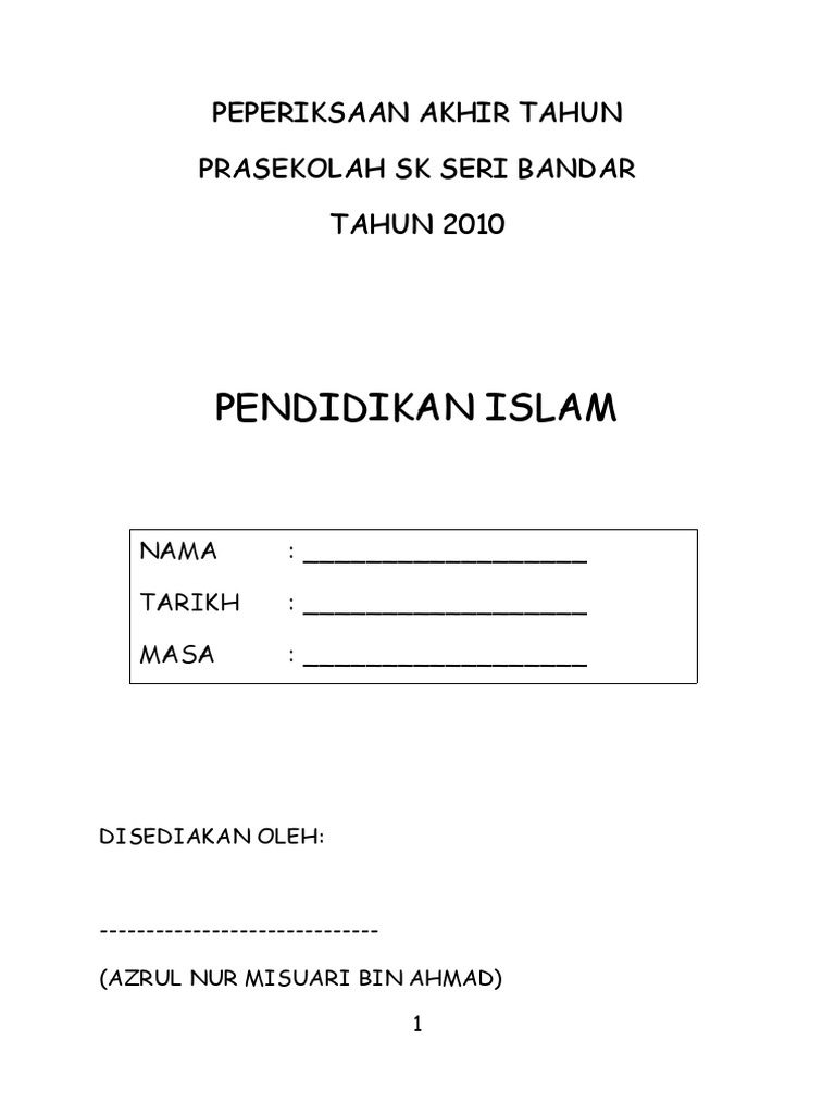 Soalan Peperiksaan Pendidikan Islam Prasekolah 2 | PDF