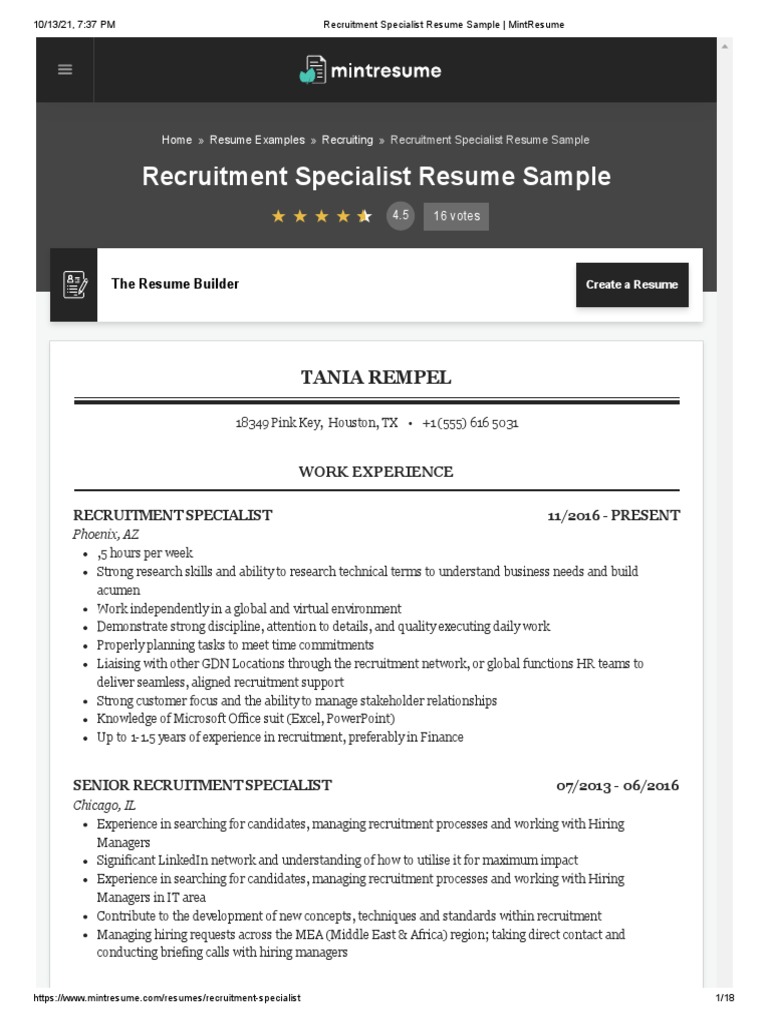 Recruitment Specialist Resume Sample - MintResume | PDF | Recruitment ...