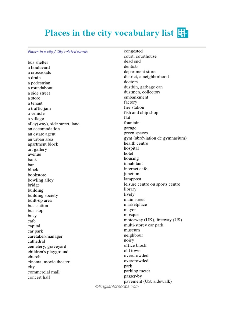 Places in The City Vocabulary List | PDF | Street | Traffic