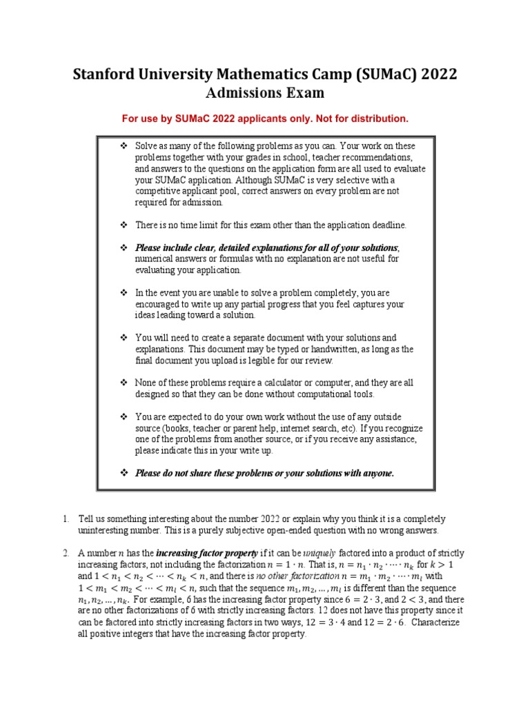 Stanford University Mathematics Camp (Sumac) 2022 Admissions Exam | PDF ...