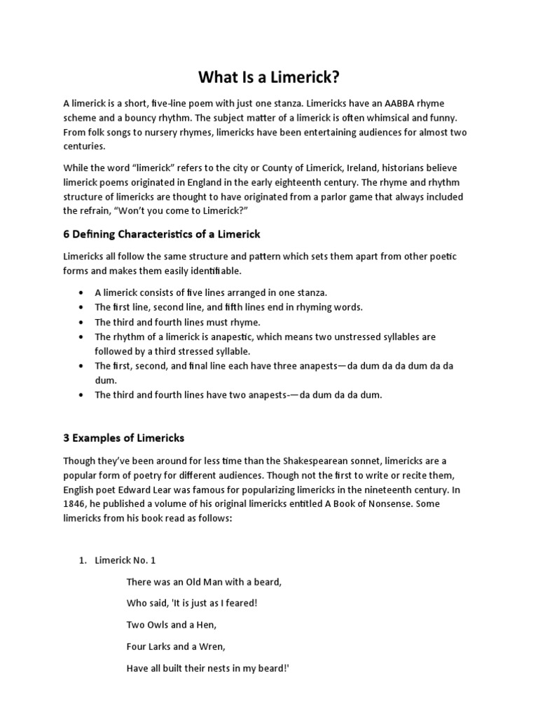 Limerick Lesson | PDF | Limerick (Poetry) | Poetry