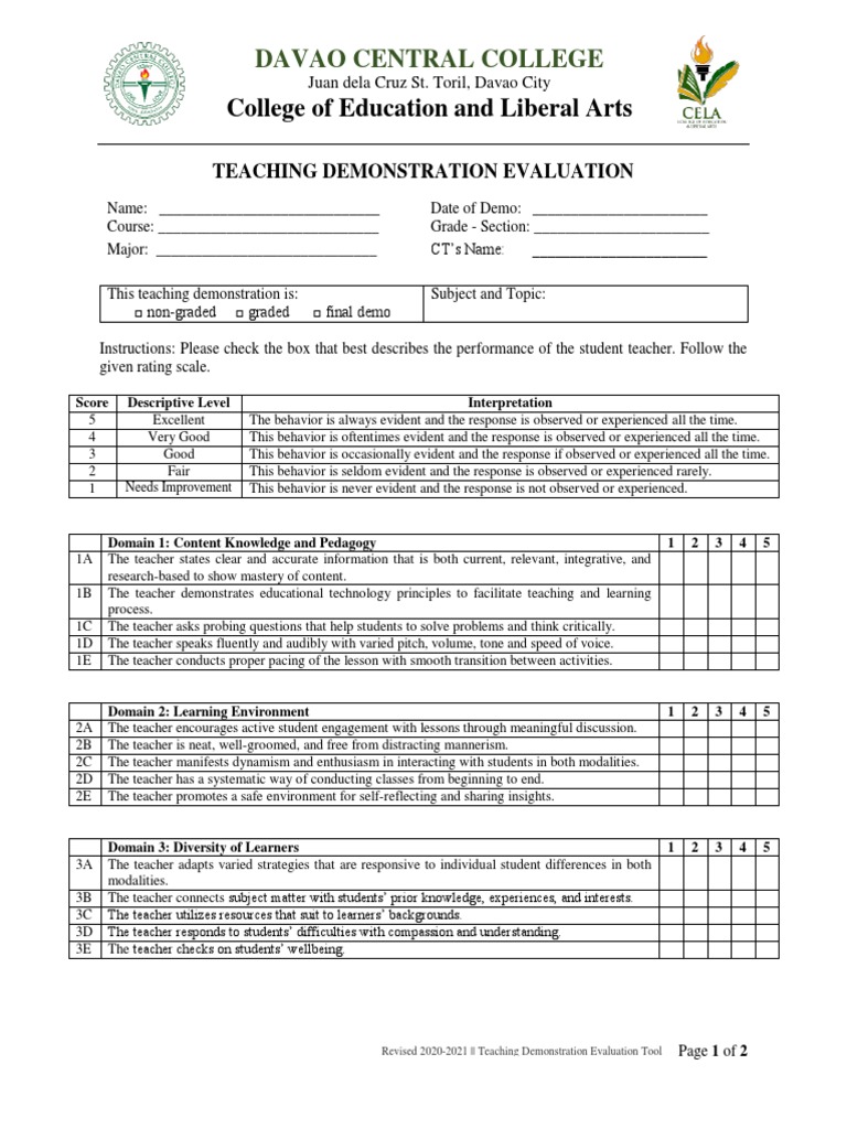 Evaluation Tool Teaching Demonstration 2 2 | PDF | Teachers ...
