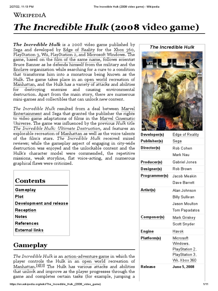 The Incredible Hulk 2008 Game Overview | PDF