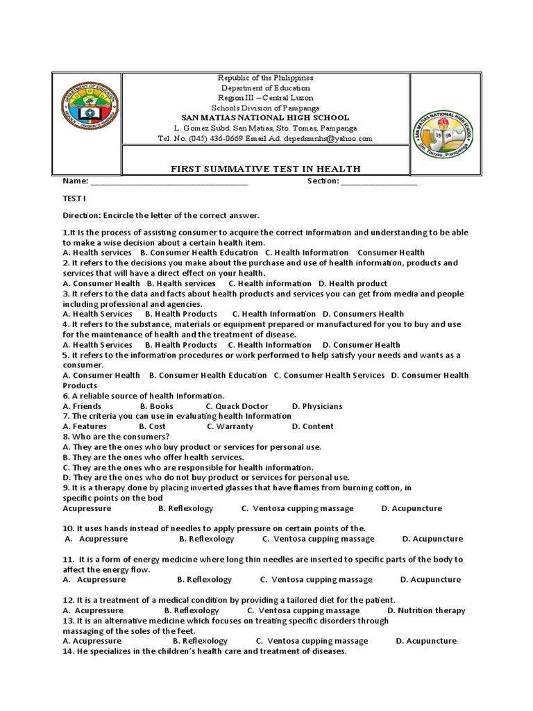 First Summative Test in Health | PDF | Acupressure | Massage