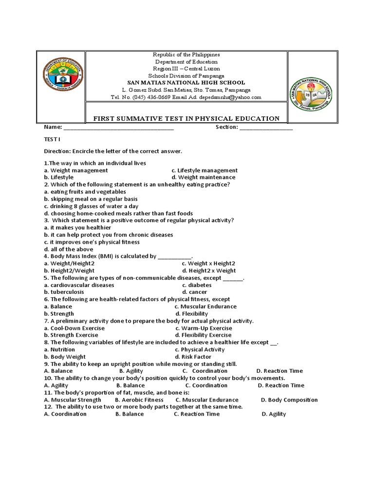 First Summative Test in Physical Education | PDF | Physical Fitness ...