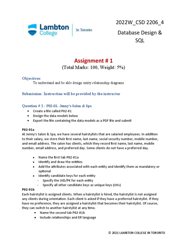 Assignment # 1: 2022W - CSD 2206 - 4 Database Design & SQL | PDF | Databases | Software
