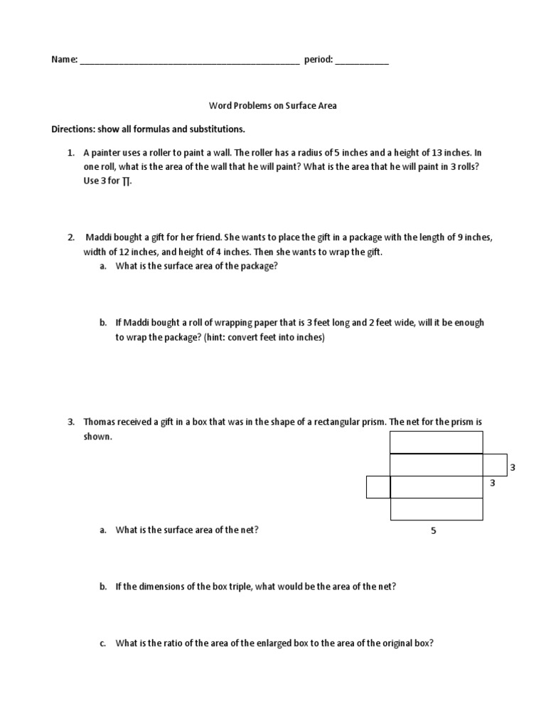 Name Period Word Problems On Surface Area Katy Isd | PDF | Area ...