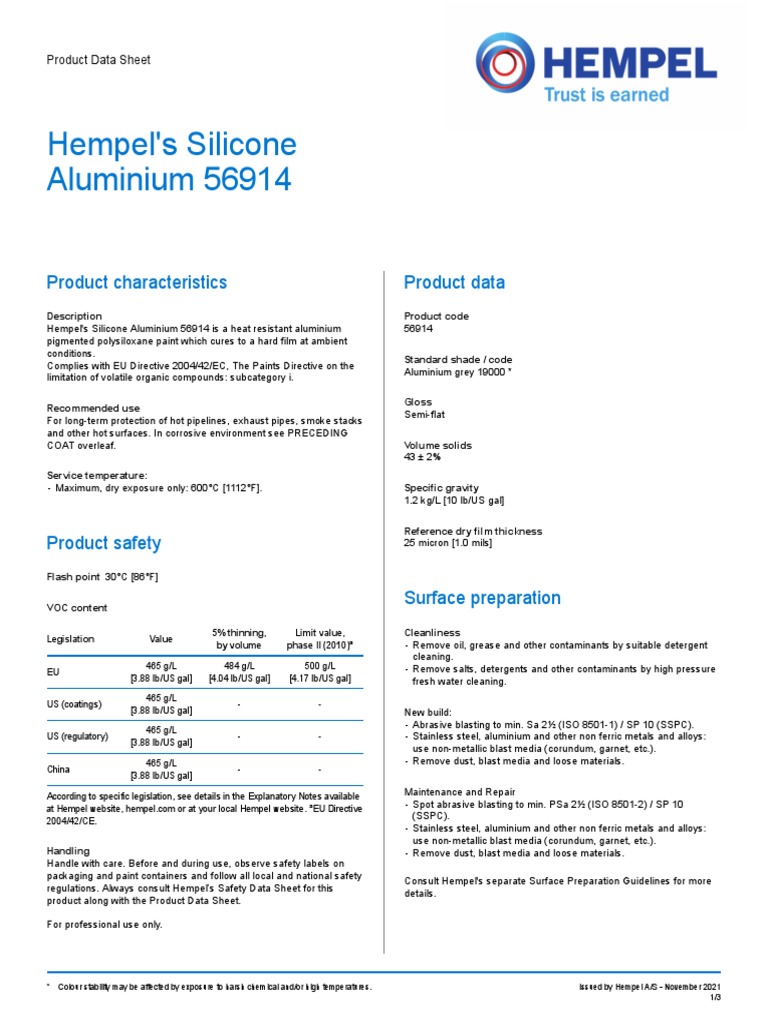 Hempel's Silicone Aluminium 56914: Product Characteristics Product Data | PDF | Paint | Aluminium