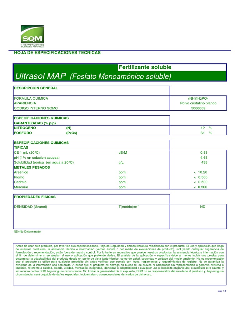 Ficha Tecnica Ultrasol Map | PDF | Fertilizante | Solubilidad