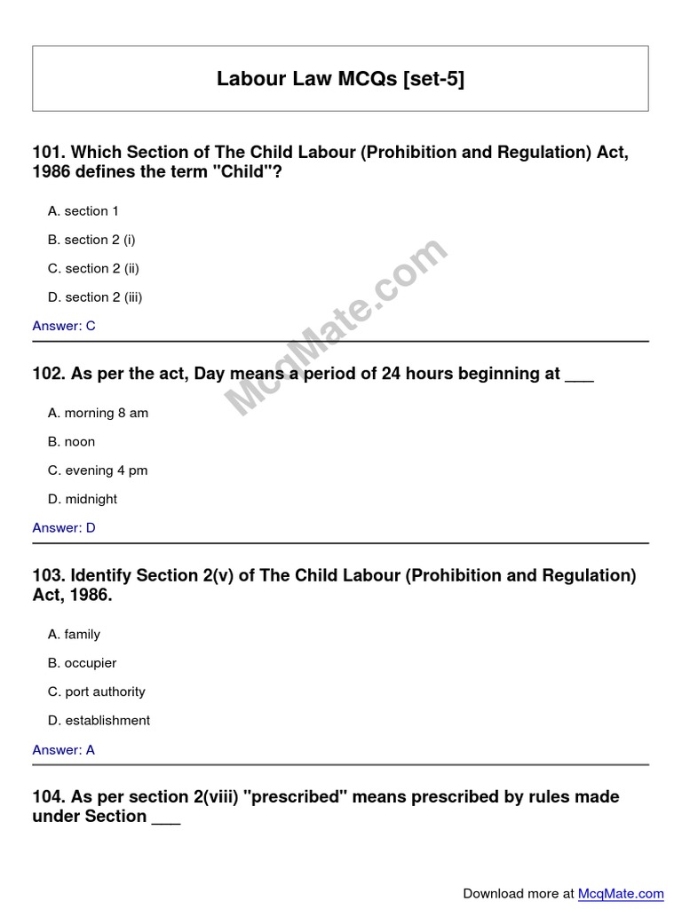 Child Labour Act MCQs and Answers | PDF | Child Labour | Common Law