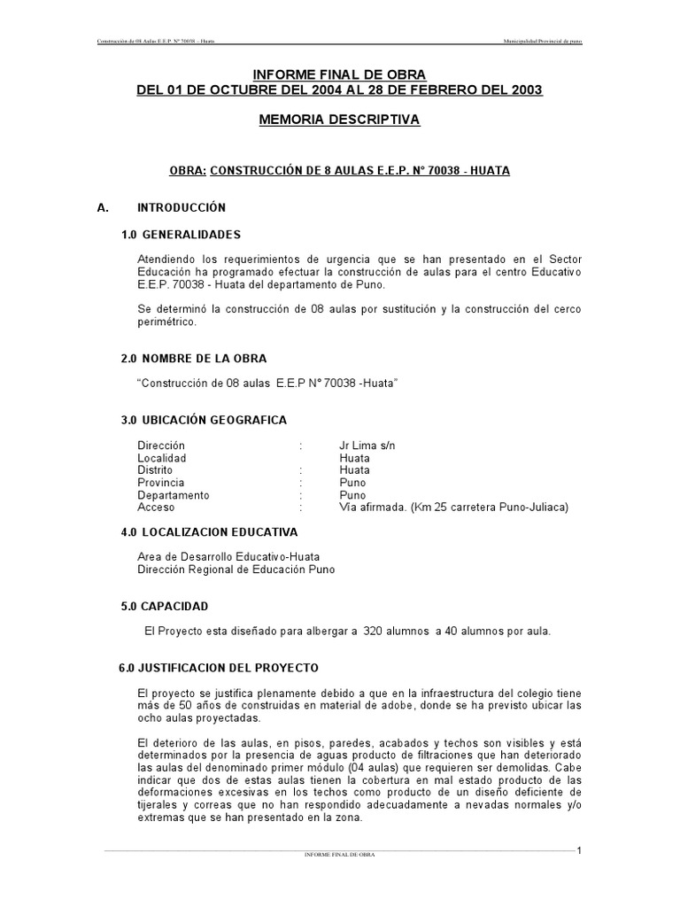 Informe Final de Obra Huata | PDF | Fundación (Ingeniería) | Construyendo tecnología