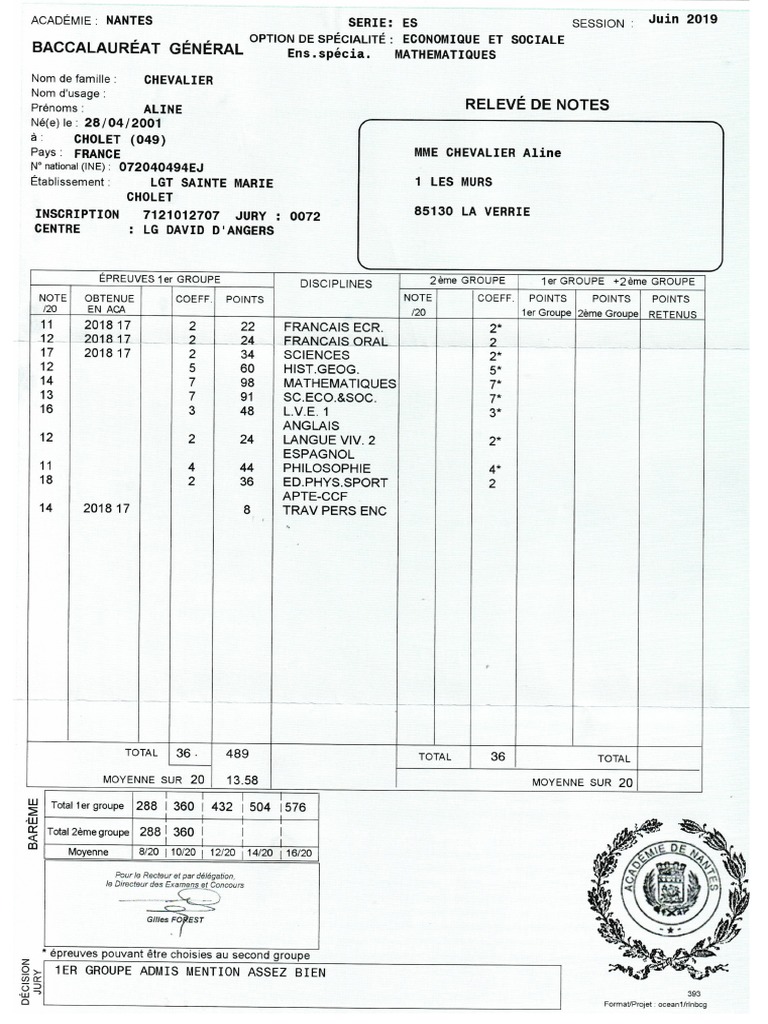 Relevé de Note Baccalauréat | PDF