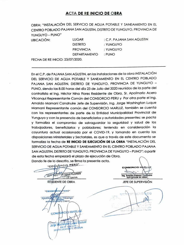 Acta de Reinicio de Obra | PDF
