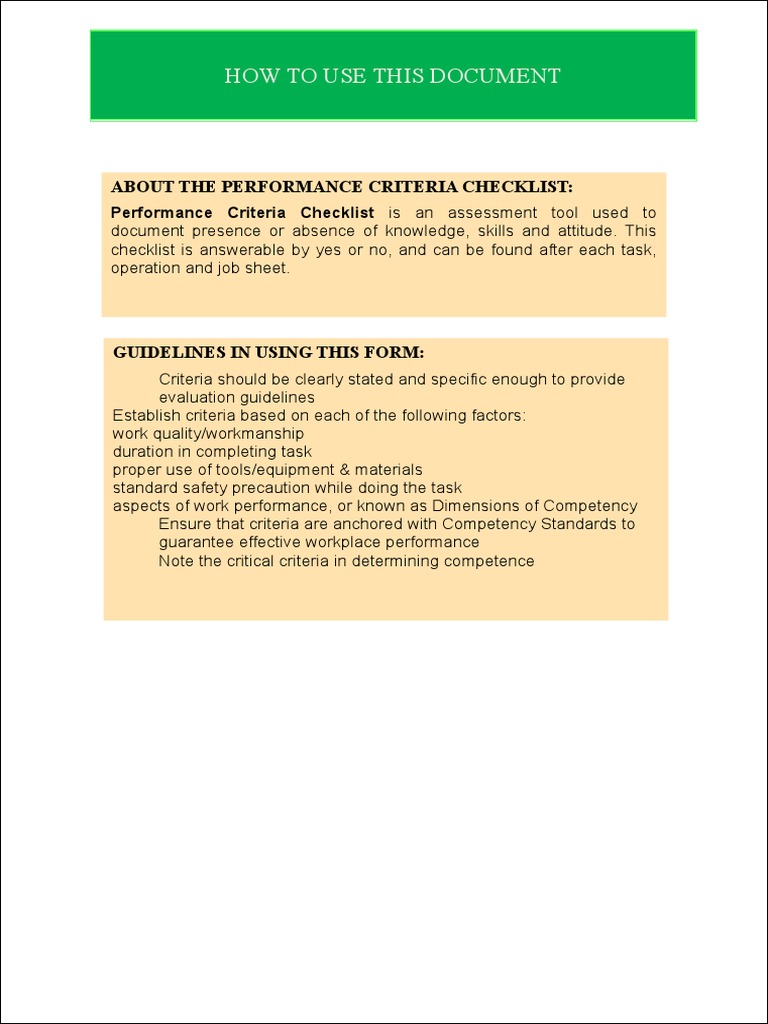 How To Use This Document: About The Performance Criteria Checklist ...