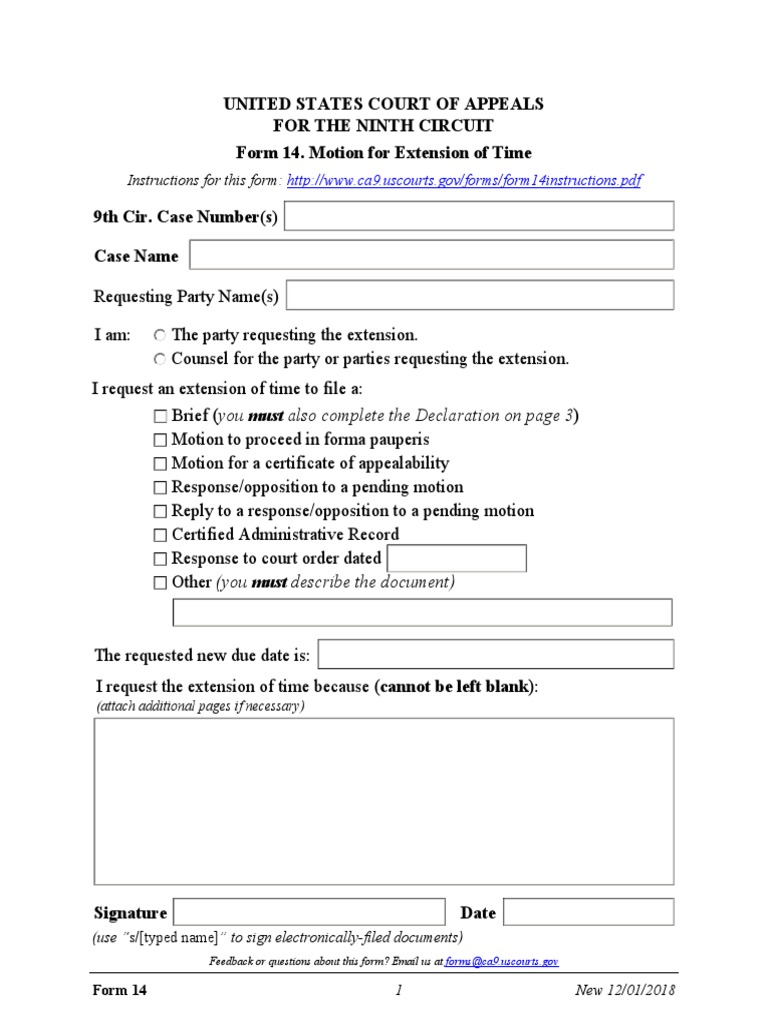 United States Court of Appeals For The Ninth Circuit Form 14. Motion ...
