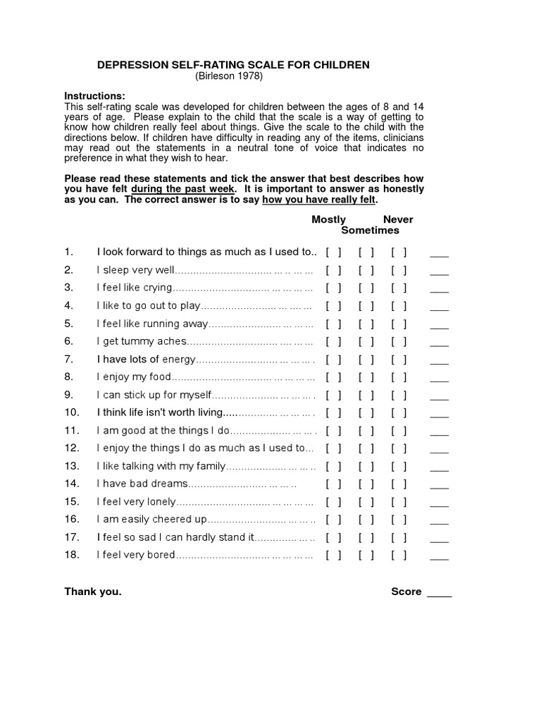Depression Self-Rating Scale For Children | PDF | Mental Disorder ...