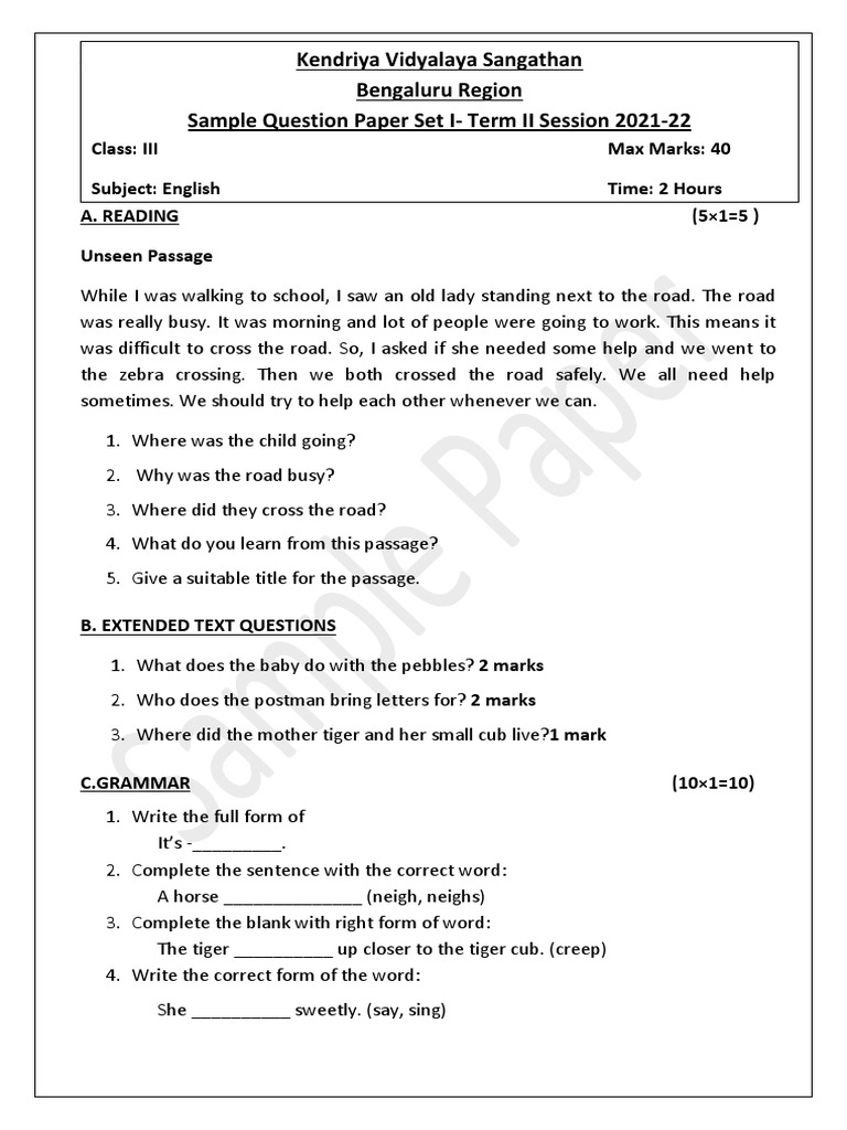 Class III English Sample Paper Set I 2021-22 | PDF | Linguistics