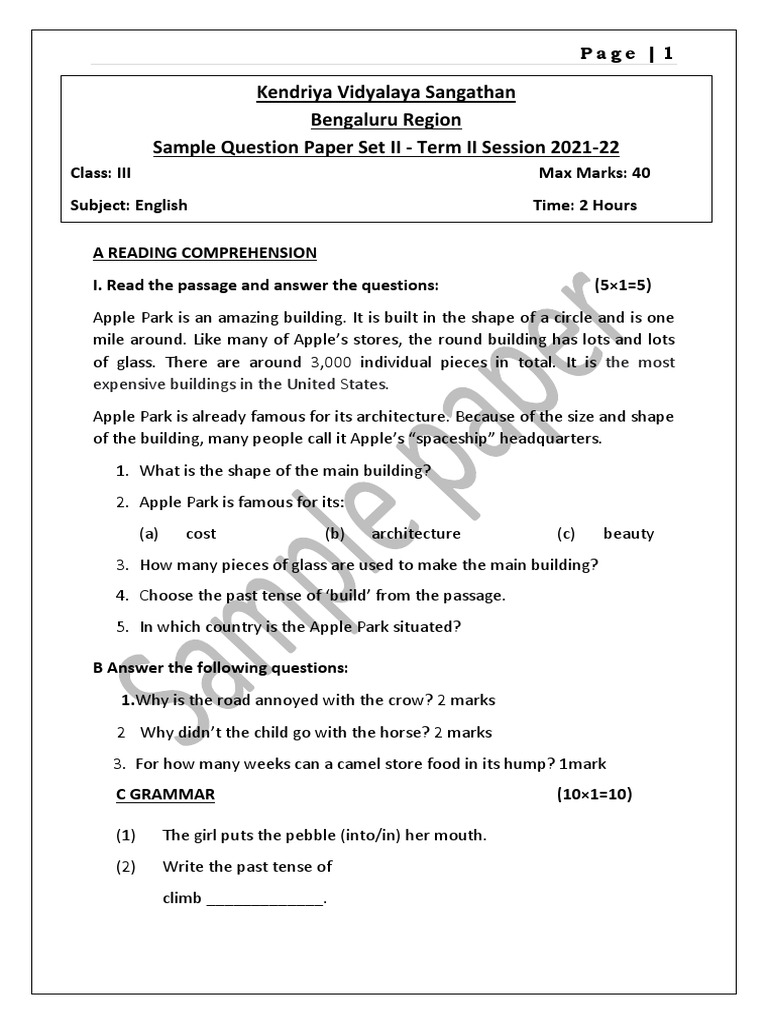 Class III English Sample Paper Set II 2021-22 | PDF | Linguistics ...