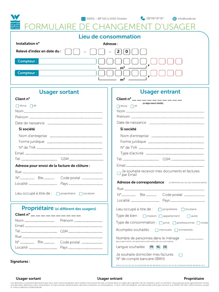 Formulaire de Changement d'Usager SWDE | PDF | Business