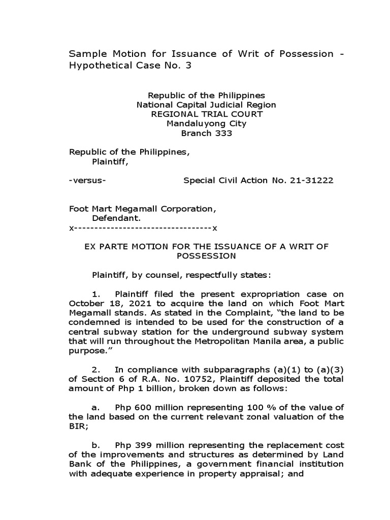 Sample Motion For Issuance of Writ of Possession - Hypothetical Case No ...