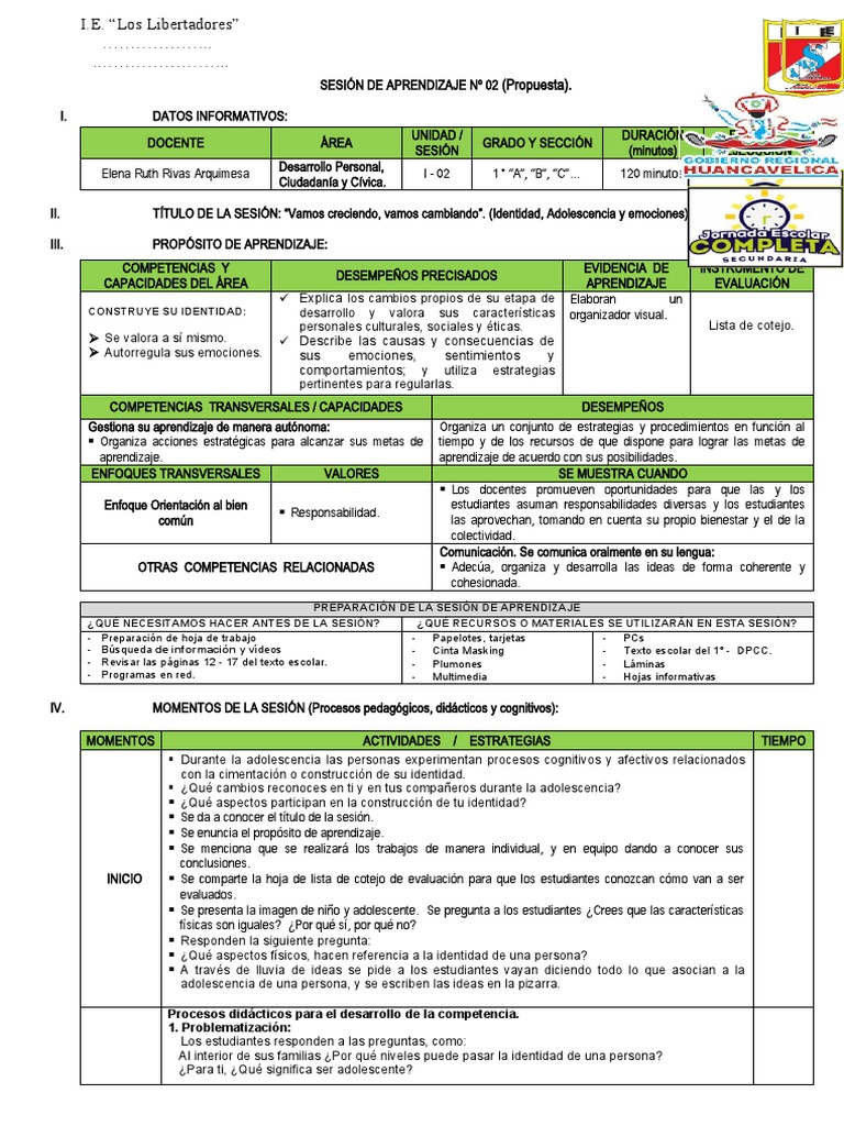 1° SESIÓN DE APRENDIZAJE DPCC (Propuesta) | PDF | Aprendizaje | Evaluación
