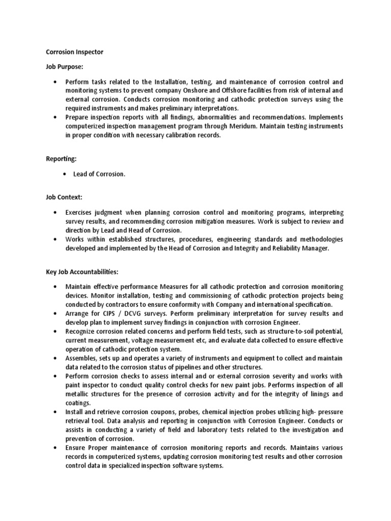 Corrosion Inspector Job Purpose | PDF | Corrosion