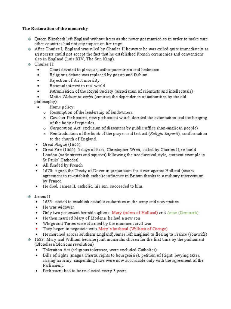 The Restoration of The Monarchy | PDF | Stuart England