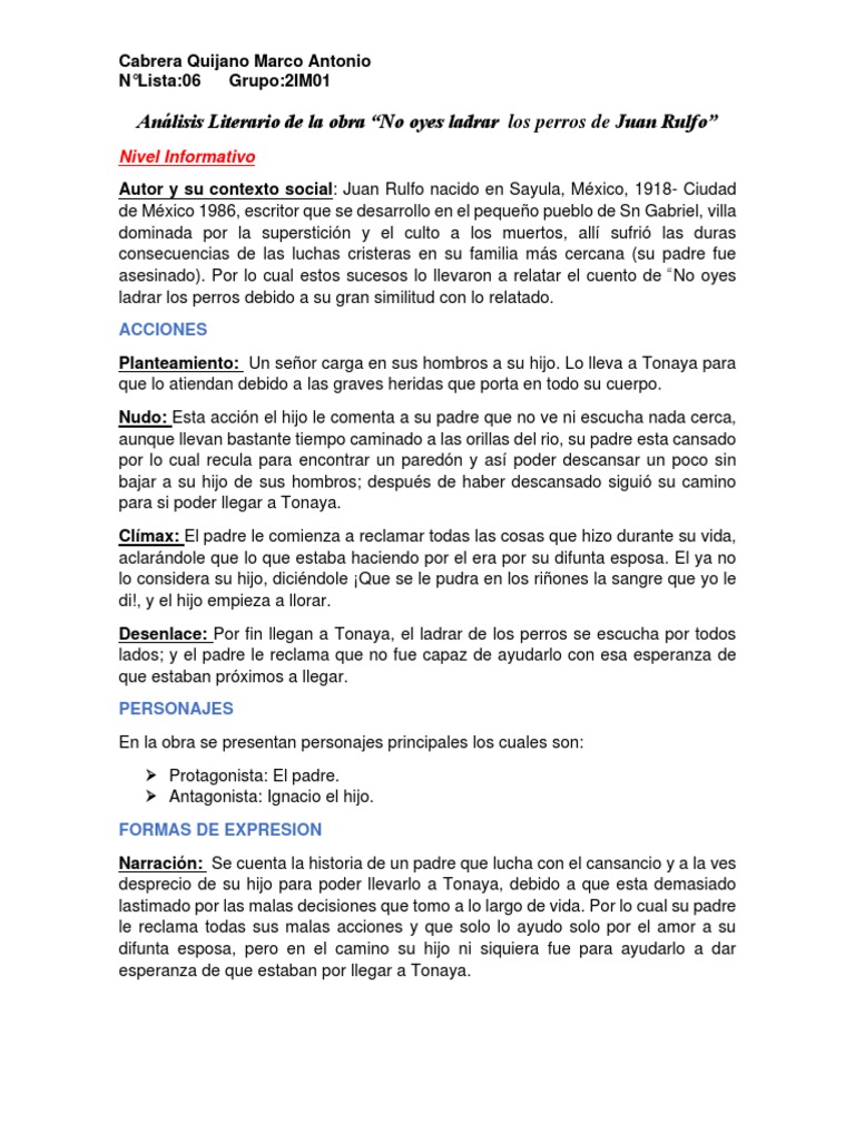 Analisis Literario de La Obra - No Oyes Ladrar Los Perros - Juan Rulfo ...