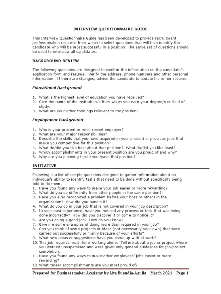Interview Questionnaire Guide: Educational Background | PDF | Motivation | Motivational