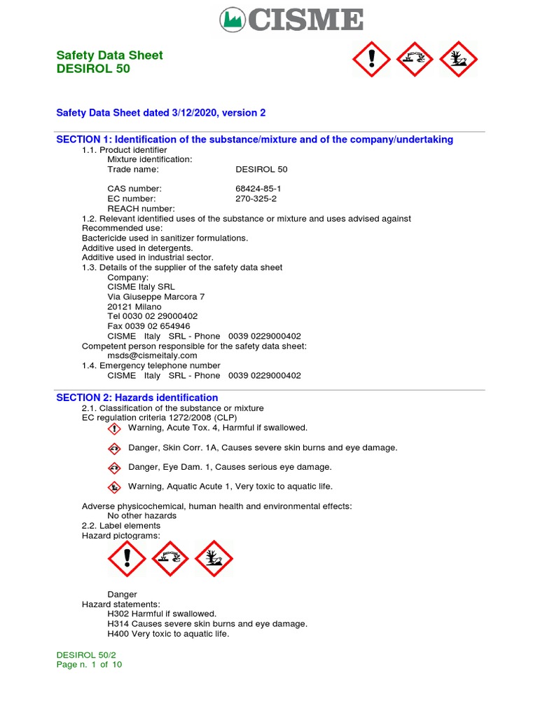 Desirol 50 MSDS | PDF | Dangerous Goods | Toxicity