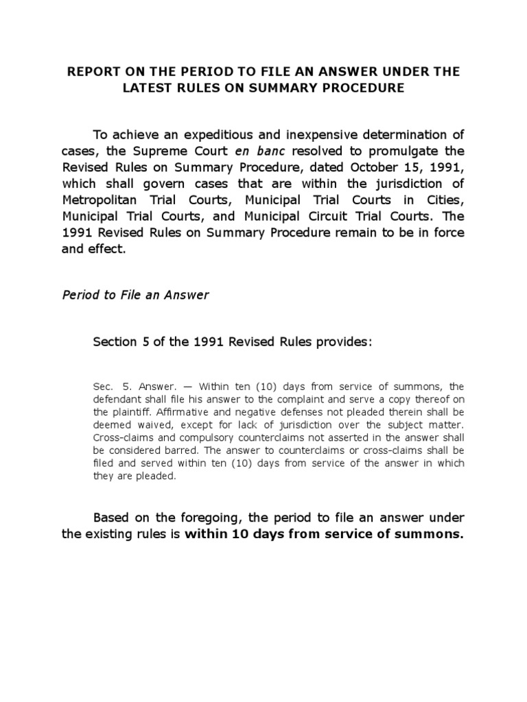 Summary Procedure Period To File An Answer | PDF