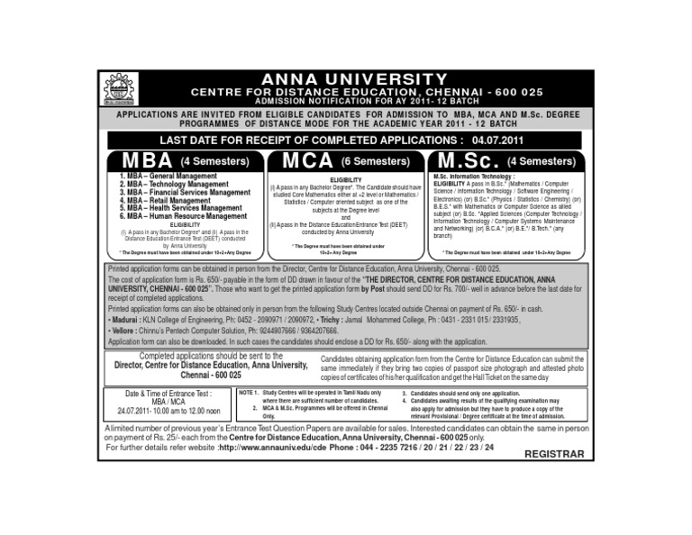 Anna University Distance Education MBA Admissions | PDF | Academic ...