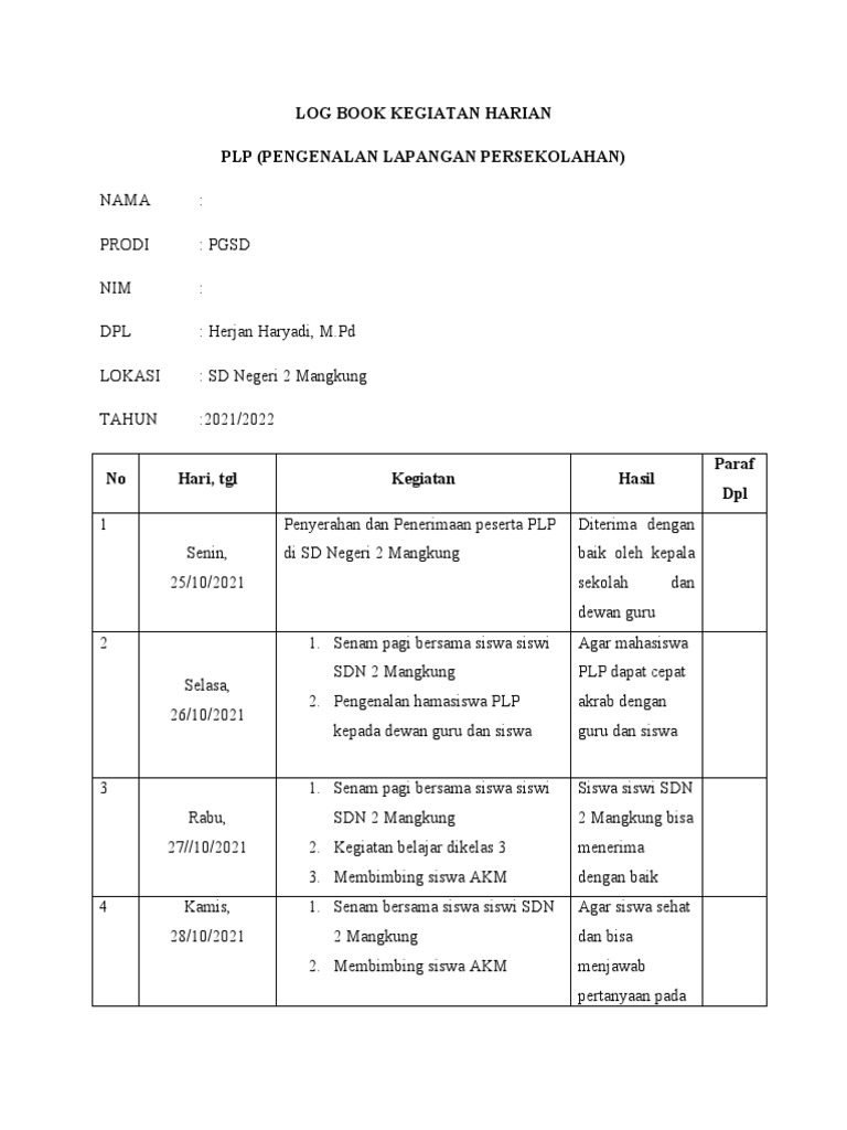 Log Book Kegiatan Harian | PDF