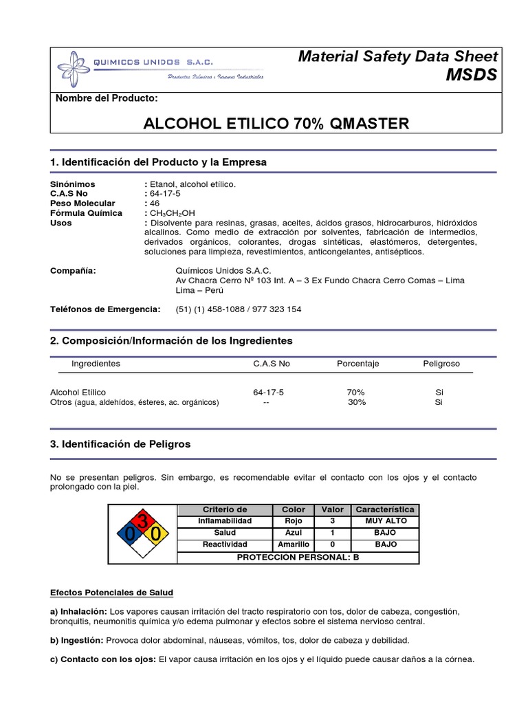 MSDS Alcohol Etilico 70% | PDF | Agua | Etanol