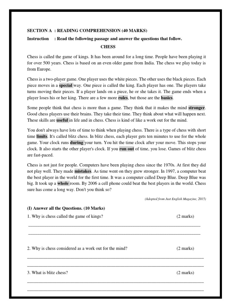 Section A: Reading Comprehension (40 Marks) Instruction: Read The ...