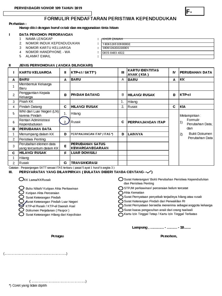Formulir Pendaftaran Peristiwa Kependudukan: Perpanjangan Itap / Itas ) | PDF
