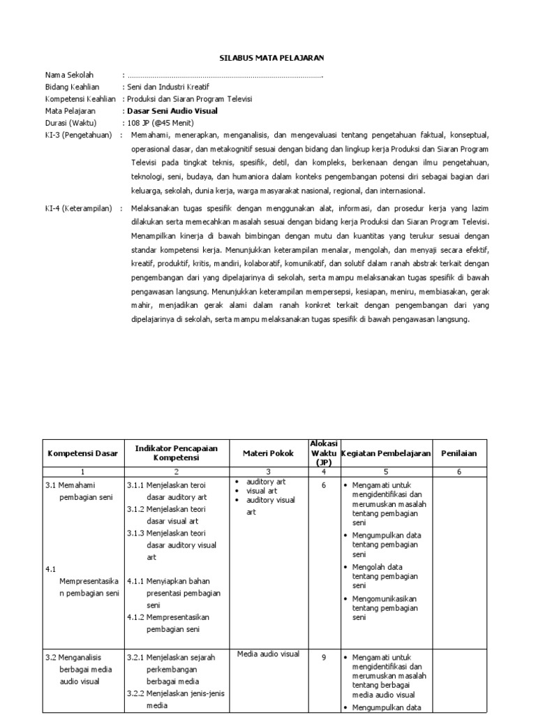 Silabus-Dasar Seni Audio Visual | PDF