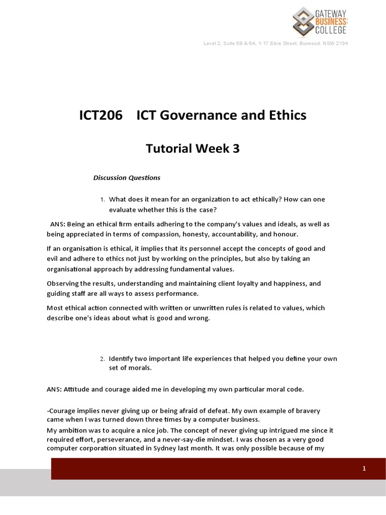 ICT206 ICT Governance and Ethics: Tutorial Week 3 | PDF | Courage | Morality