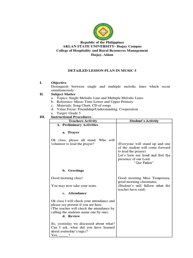 Detailed Lesson Plan in Music 5 | PDF | Lesson Plan | Teachers