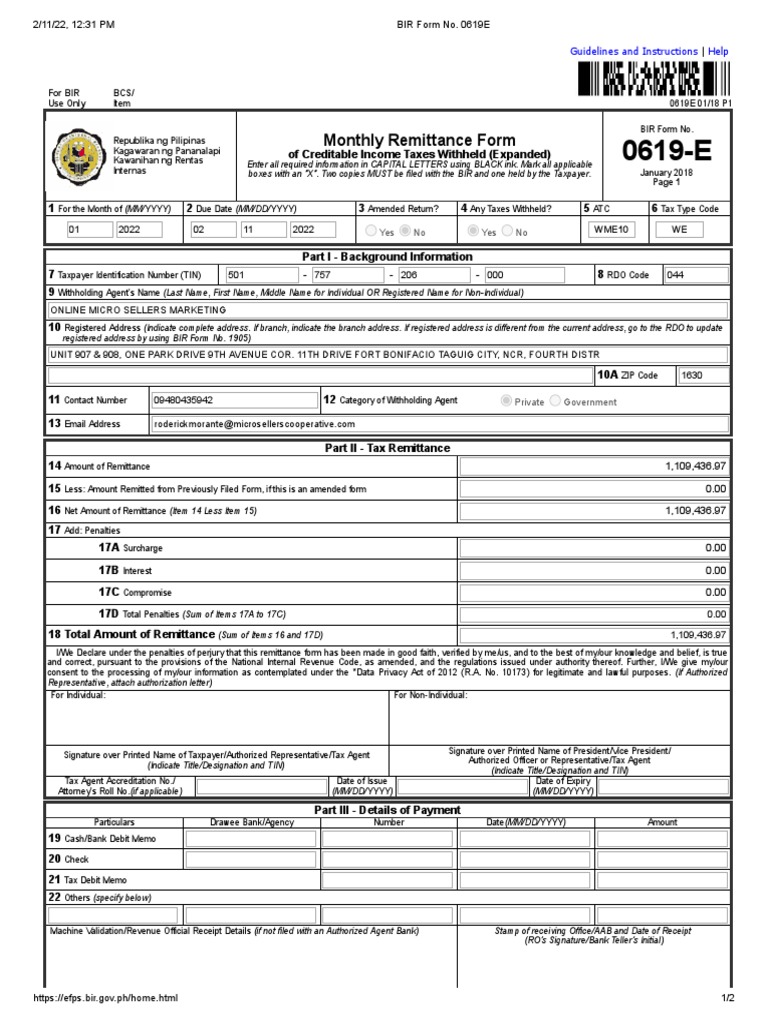 Monthly Remittance Form: of Creditable Income Taxes Withheld (Expanded ...