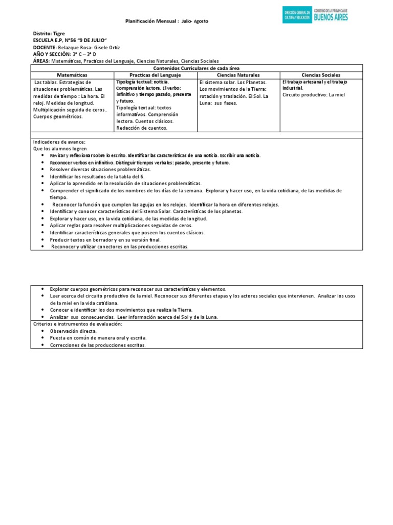 Planificación Mensual Julio y Agosto | PDF | Science | Comprensión lectora