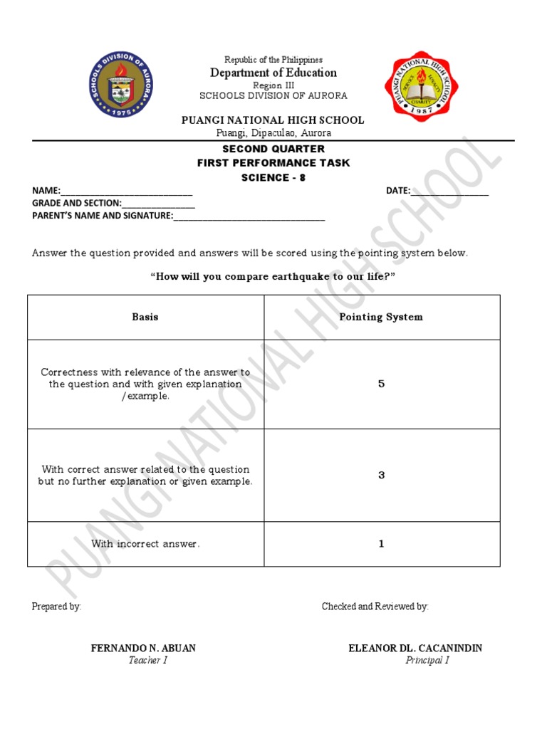 Science Tasks for Puangi National High School | PDF